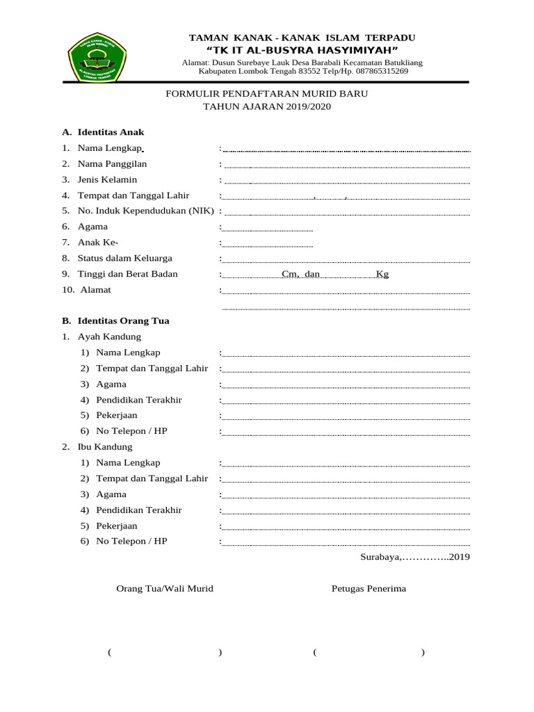 Formulir-Daftar Tk-Al-Busyra-Hasyimiyah | PDF