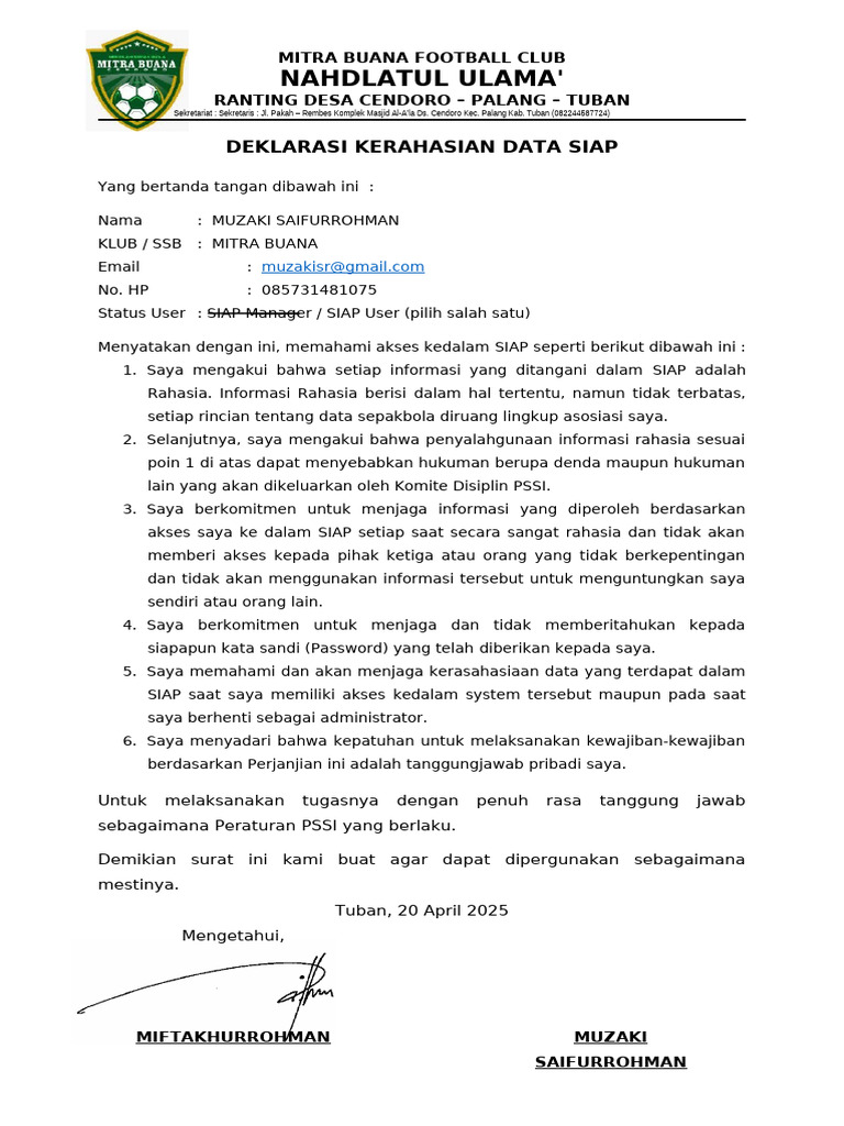 Deklarasi Kerahasiaan Data Mitra Buana | PDF
