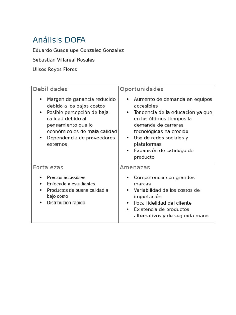 Análisis DOFA de Oportunidades y Amenazas | PDF