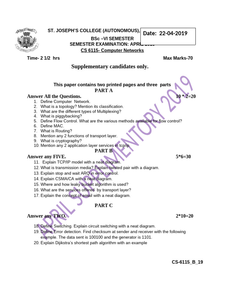 6th Sem Computer Science CS 6115 - Computer Networks April 2019 | PDF