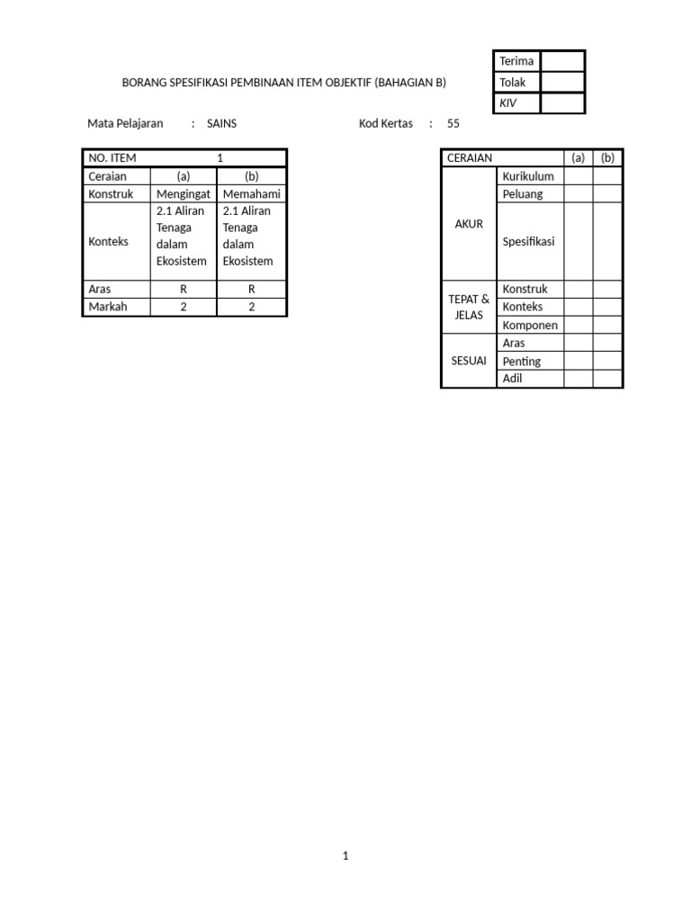 Borang Topi Kasut Item BHGN B Sains T2 2024 | PDF