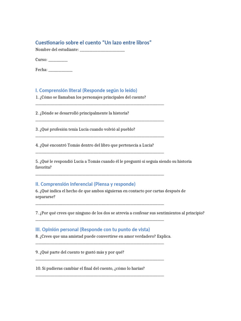 Cuestionario Cuento Un Lazo Entre Libros | PDF