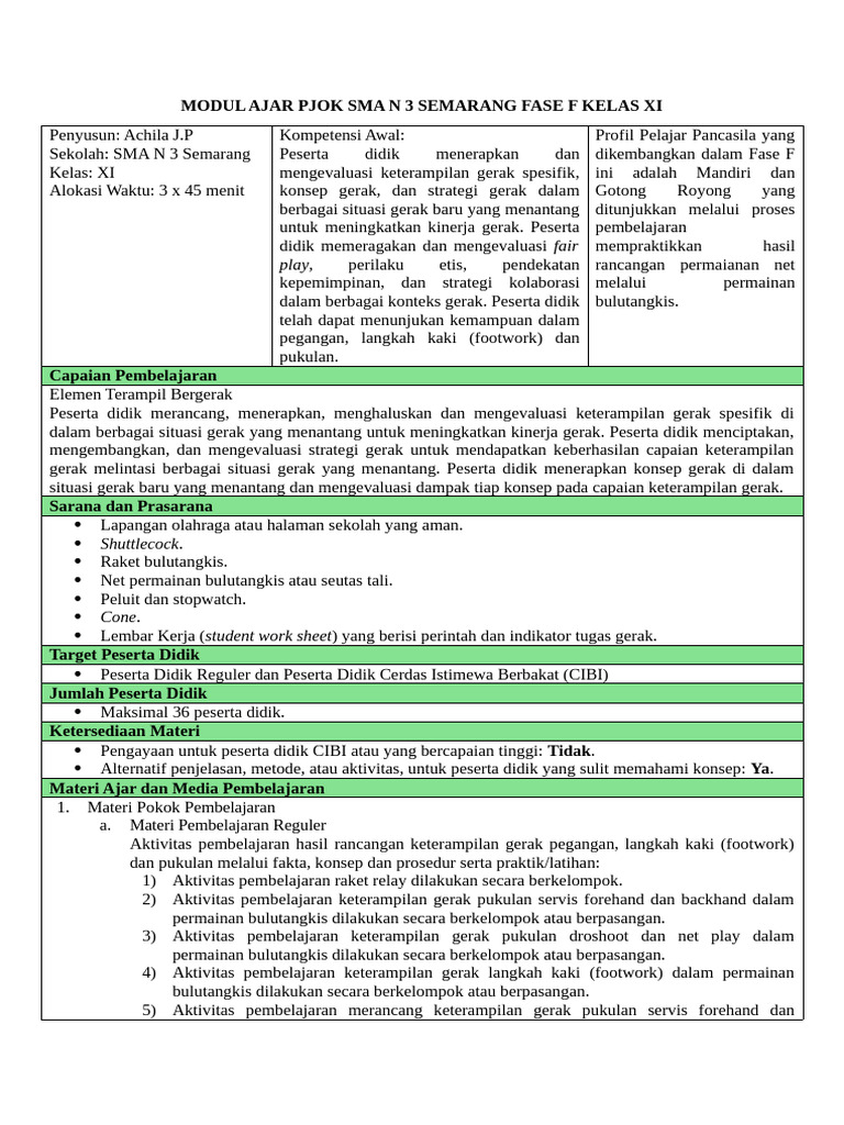 Modul Ajar Pjok Sma Achila Jelang - Bulutangkis | PDF