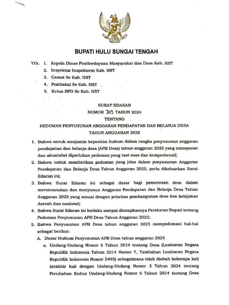 Surat Edaran Bupati HST Pedoman Penyusunan APB Desa TA. 2025-OK | PDF
