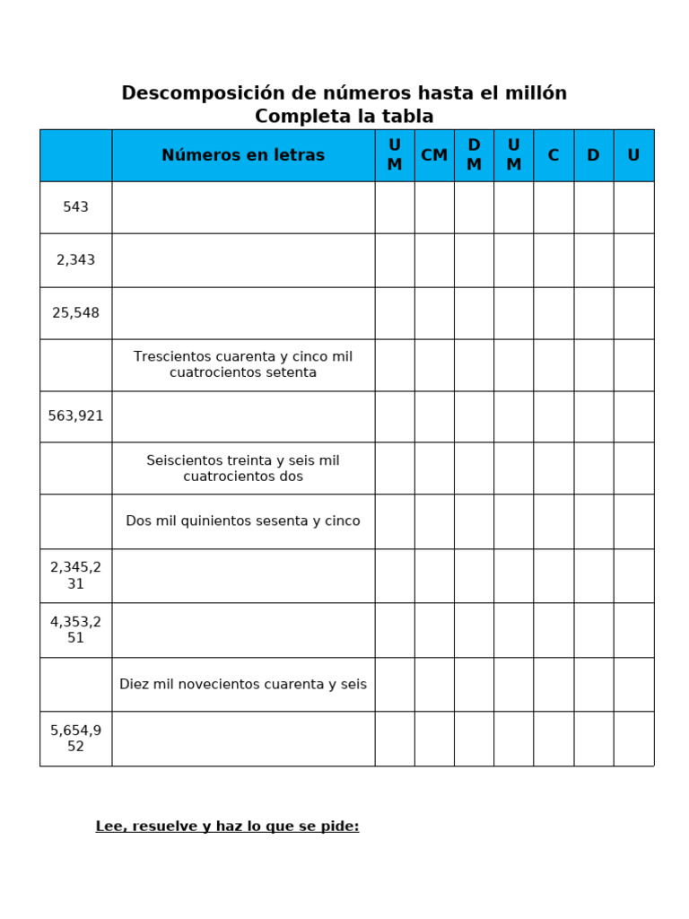 Descomposición de Números hasta el Millón | PDF