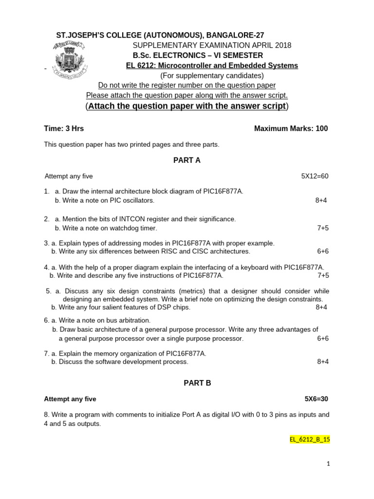 6th Sem Electronics EL 6212 - Microcontroller and Embedded Systems April 2018 | PDF ...
