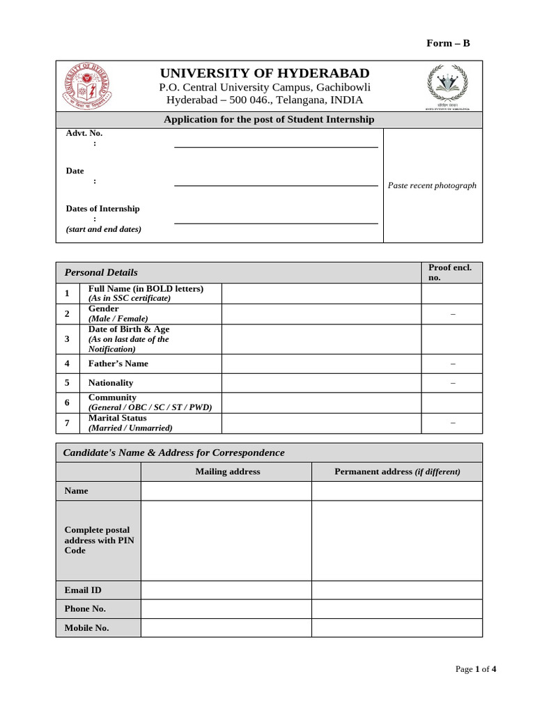 UoH - Application Format For Internship | PDF