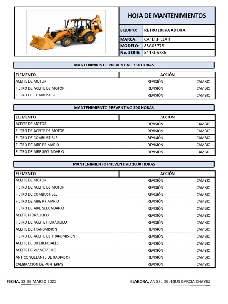 Bitacora de Mantenimiento Retroexcavadora | PDF | Vehículo de motor | Tecnología de vehículos
