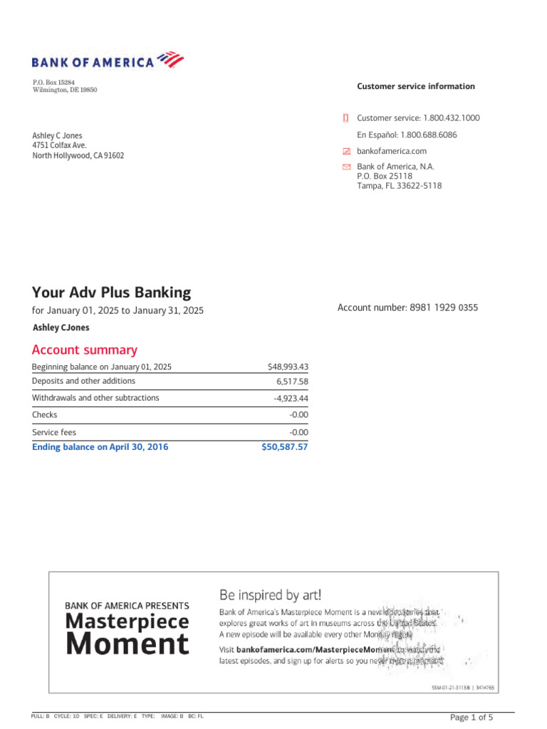 Bank of America Sample Bank Statement | PDF | Overdraft | Deposit Account