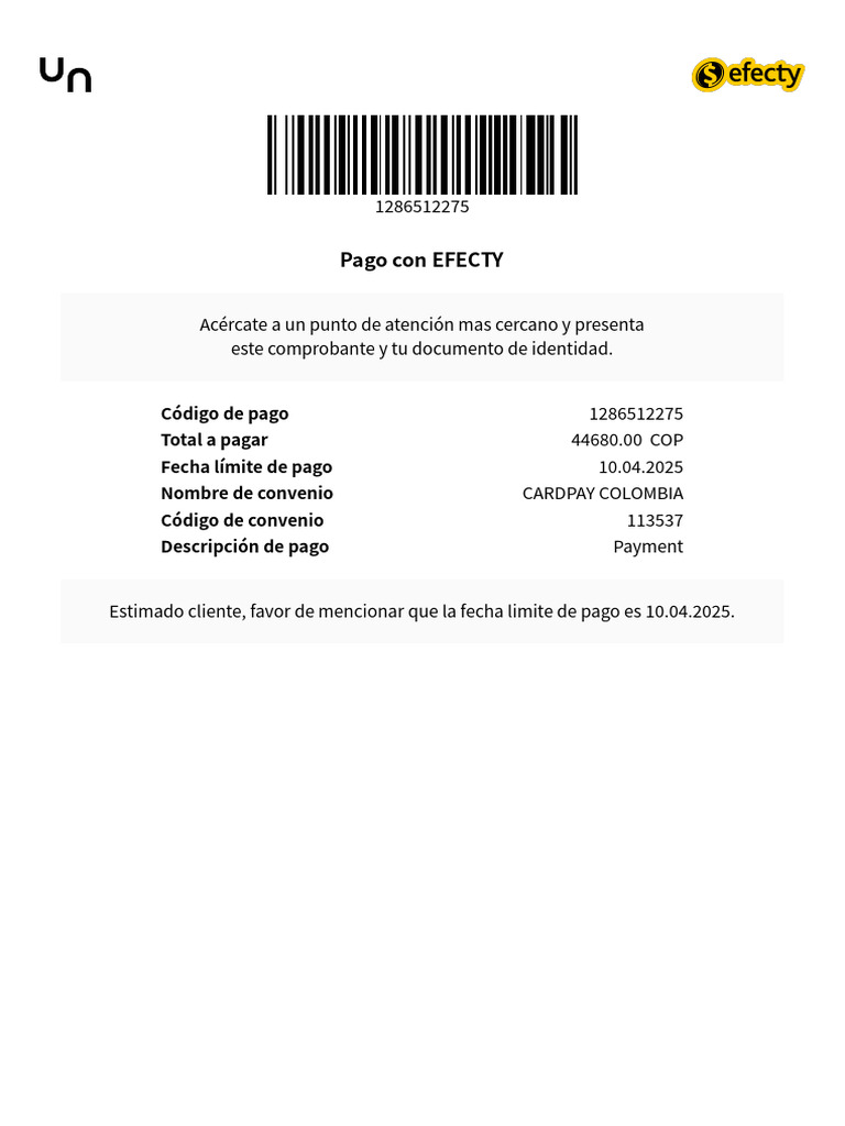 Código de Pago Efecty CARDPAY | PDF