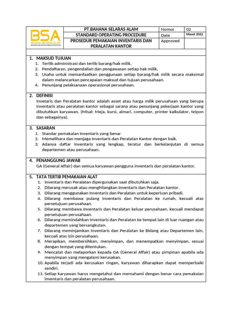 Prosedur Pemakaian Inventaris Dan Peralatan Kantor | PDF