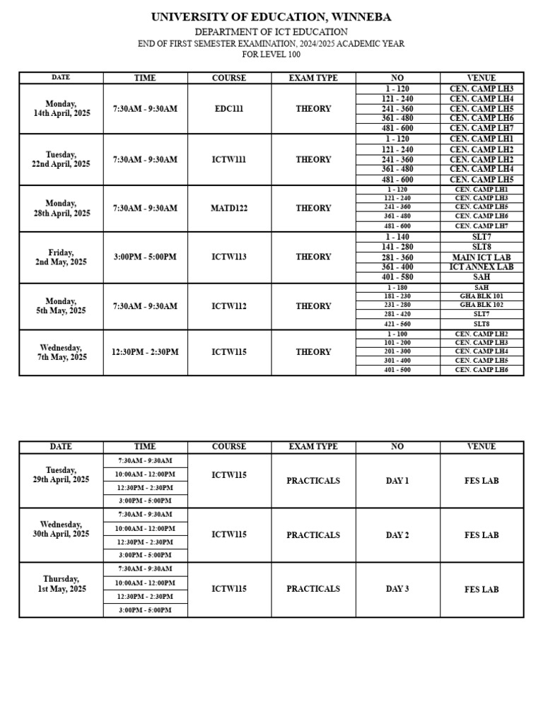 Level 100 End of Semester Exam Timetable | PDF | Educational Stages | Higher Education