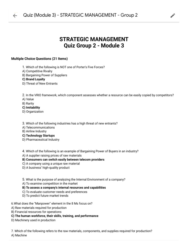 Quiz Module 3 Strategic Management Group 2 | PDF | Strategic Management | Business