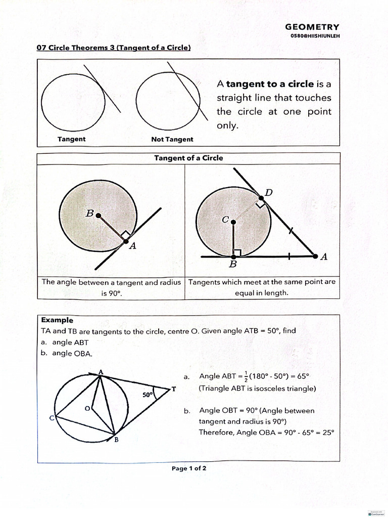 07 Circle Theorems 3 (Tangent of A Circle) Answers | PDF