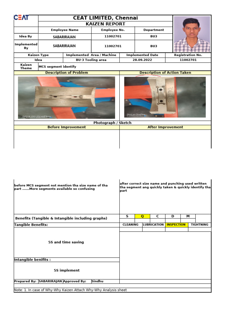 Kaizen Report: BU-3 Tooling Improvement | PDF | Lean Manufacturing
