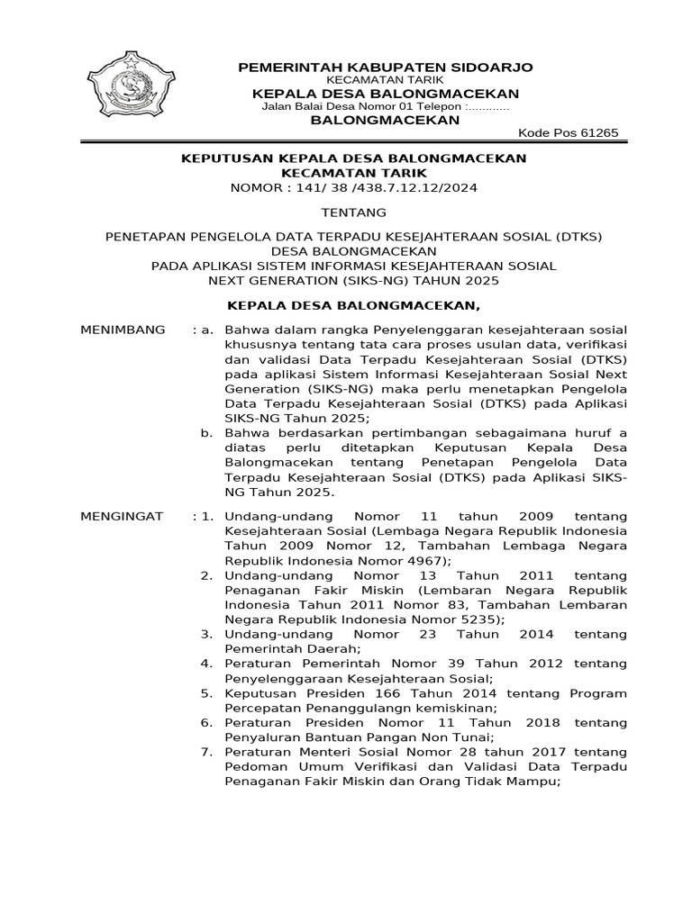 Contoh SK Operator Siksng Desa | PDF