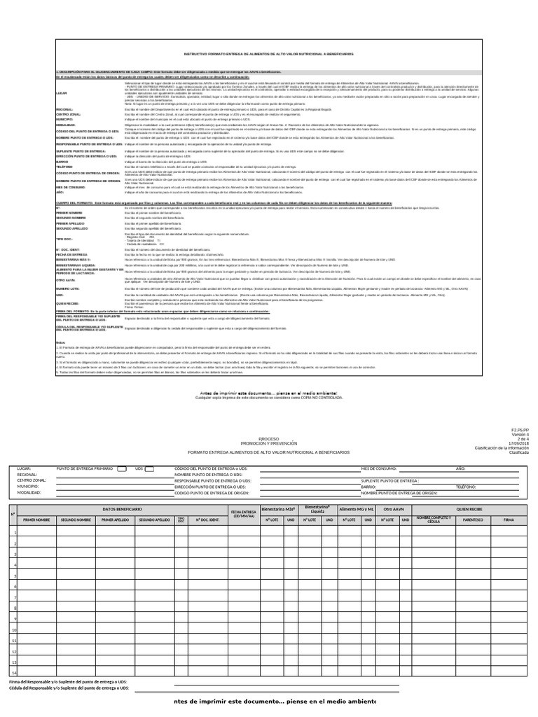 f2.p5.pp Formato Entrega Alimentos de Alto Valor Nutricional A Beneficiarios v4 | PDF | Comida y ...