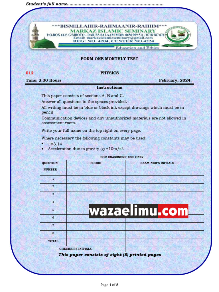 F1 PHYSICS MONTHLY TEST FEB 2024 (1) | PDF | Physics | Science
