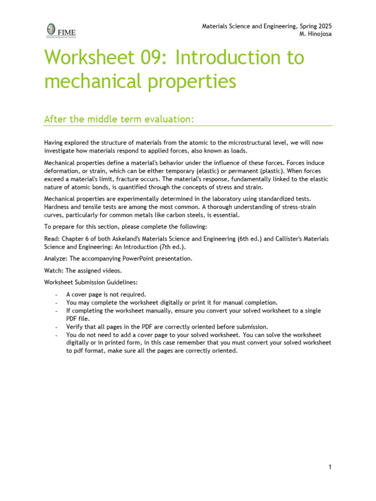 Worksheet Spring 2025 Mech Props | PDF | Deformation (Engineering) | Hardness