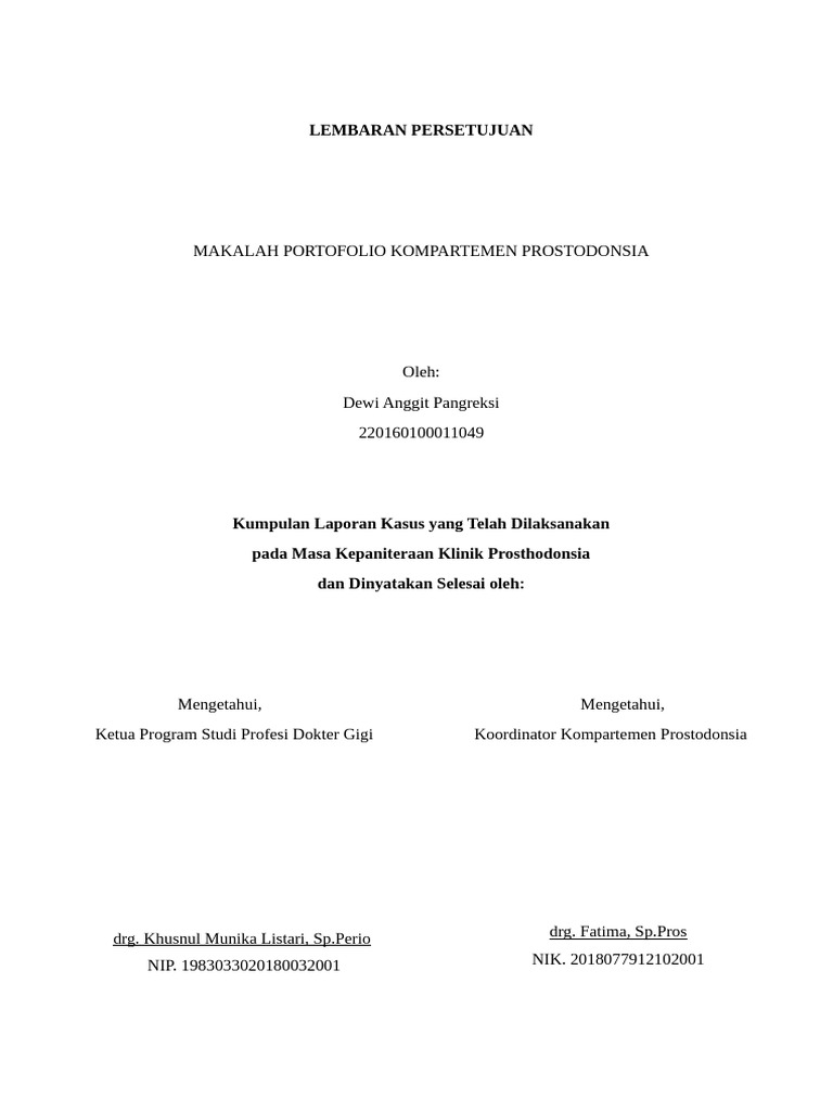 Pengesahan Makalah Portofolio Prostodonsia - Dewi Anggit Pangreksi | PDF