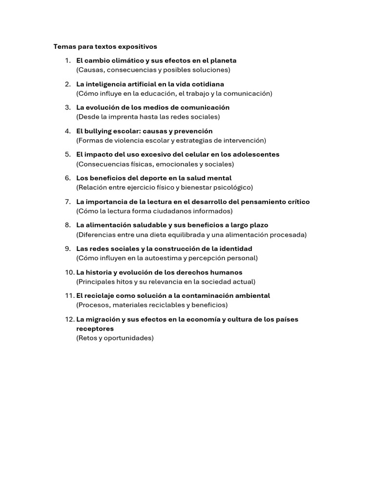 Temas para Textos Expositivos | PDF