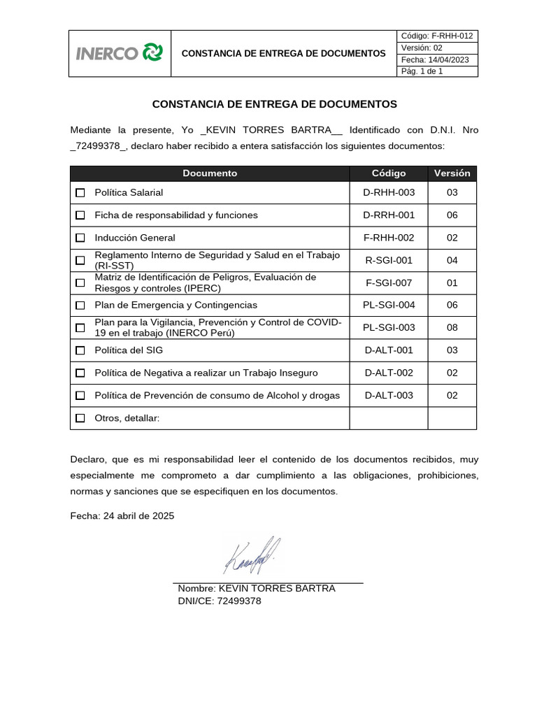 F-RHH-012 Cargo Entrega de Documentos | PDF