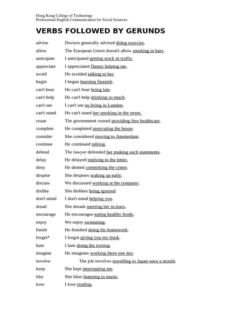 Verbs Followed by Gerunds Guide | PDF