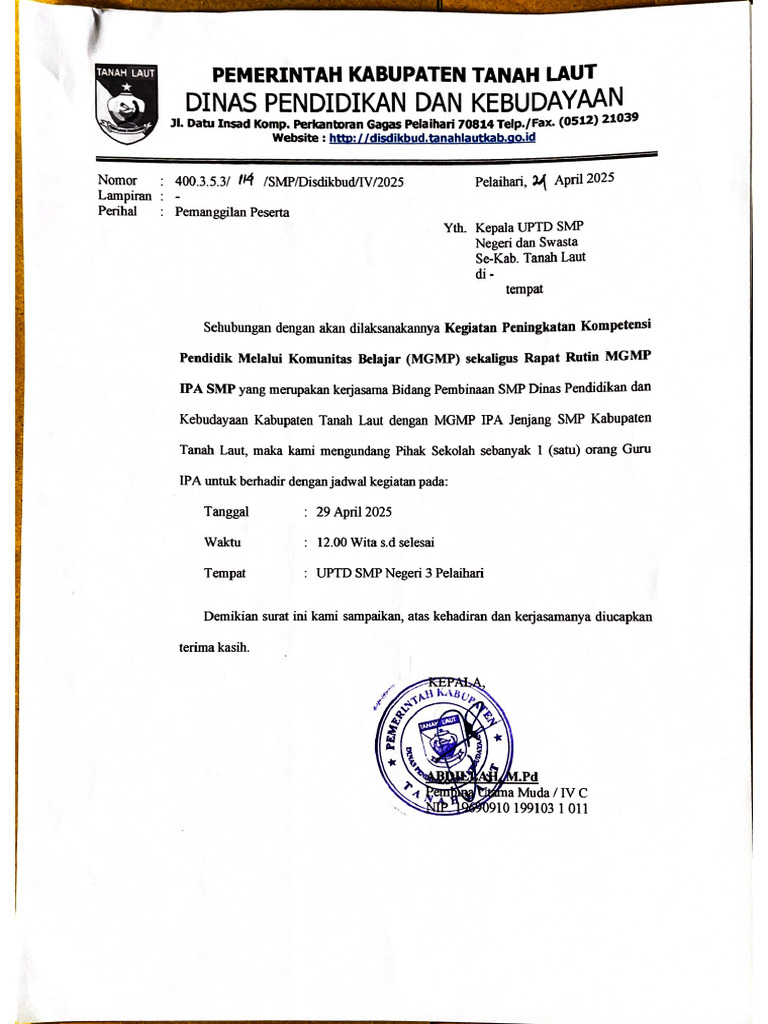 UNDANGAN MGMP MAPEL IPA TGL 29 April | PDF