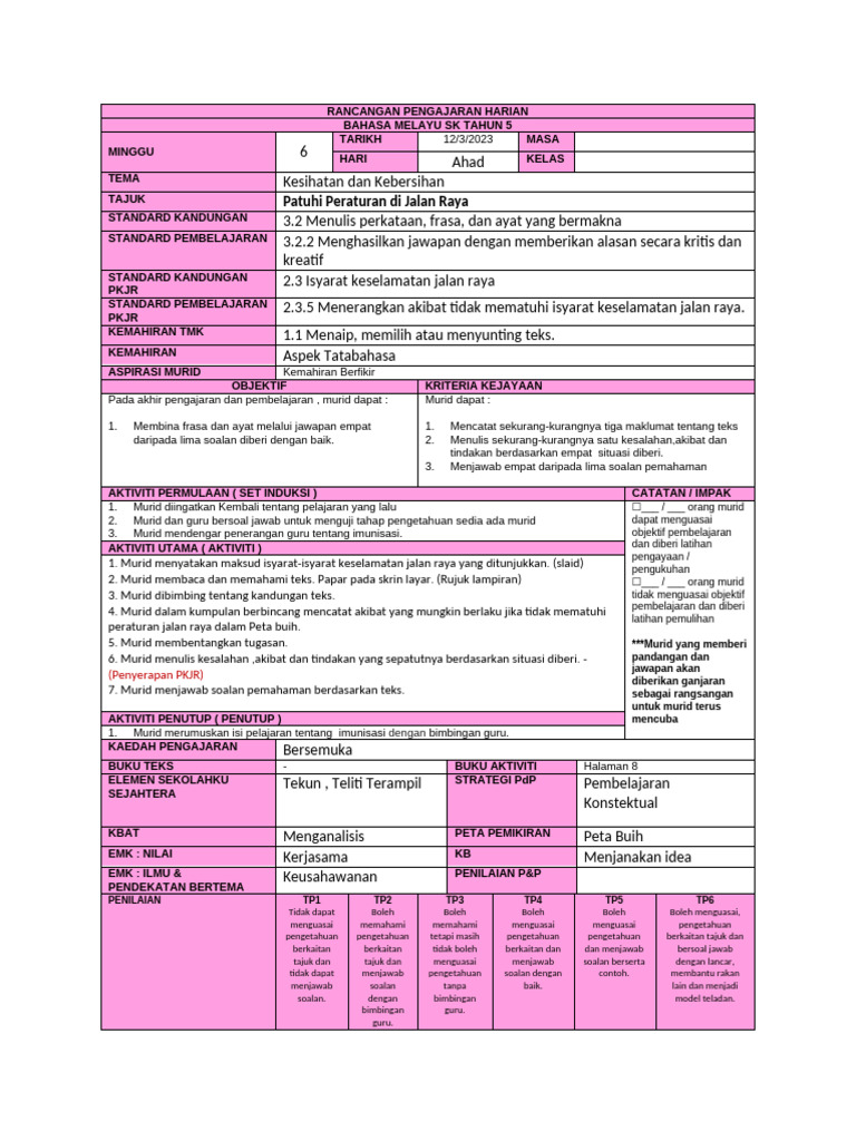 RPH Minggu 6 BM SK THN 5 2024 by Cikgu Gorgeous | PDF