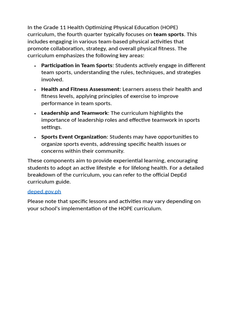 Grade 11 Team Sports Curriculum Guide | PDF | Curriculum | Sports