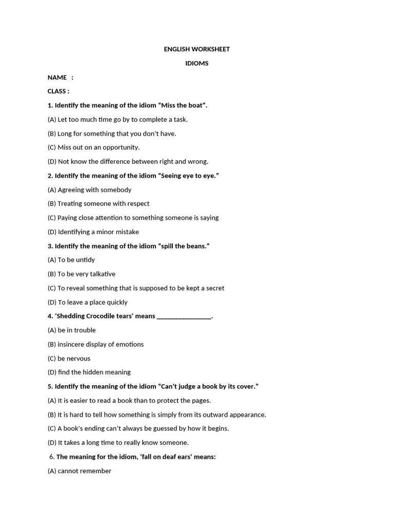 English Idioms Worksheet Exercises | PDF | Idiom