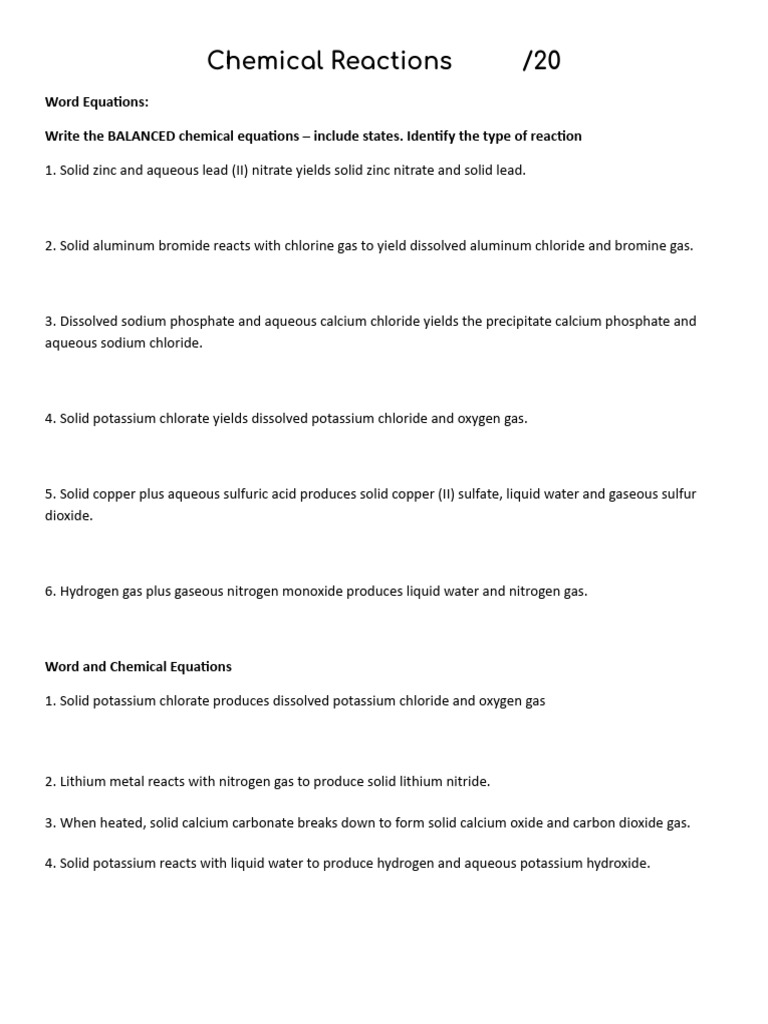 Potassium Chlorate Reaction Worksheet | PDF