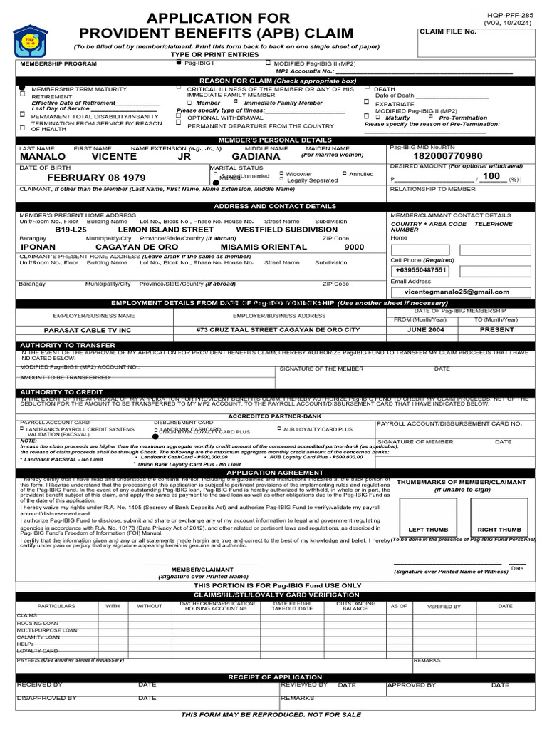 Application for Provident Benefits Claim | PDF