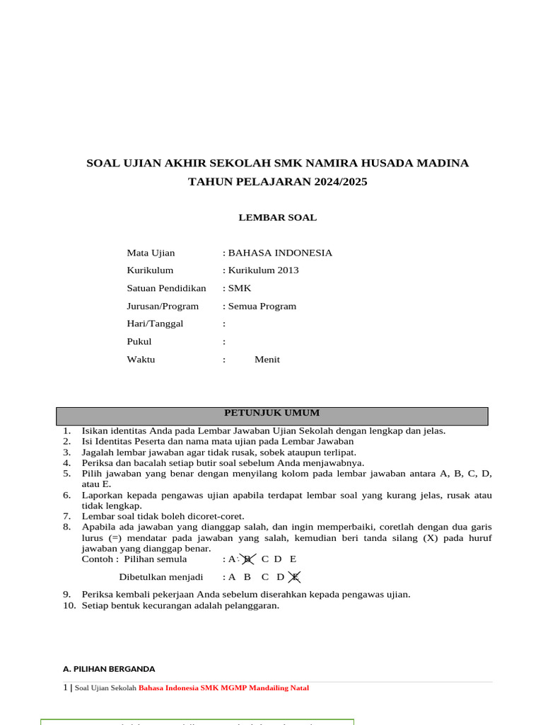 SOAL UAS OK 2023 2024 BAHASA INDONESIA | PDF