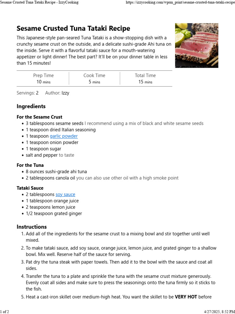 Sesame Crusted Tuna Tataki Recipe - IzzyCooking | PDF | Teaspoon | Sauce