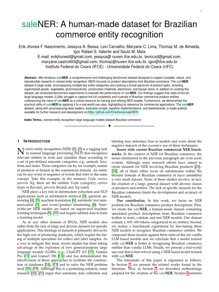 saleNER: NER Dataset for Brazilian Commerce | PDF | Learning ...