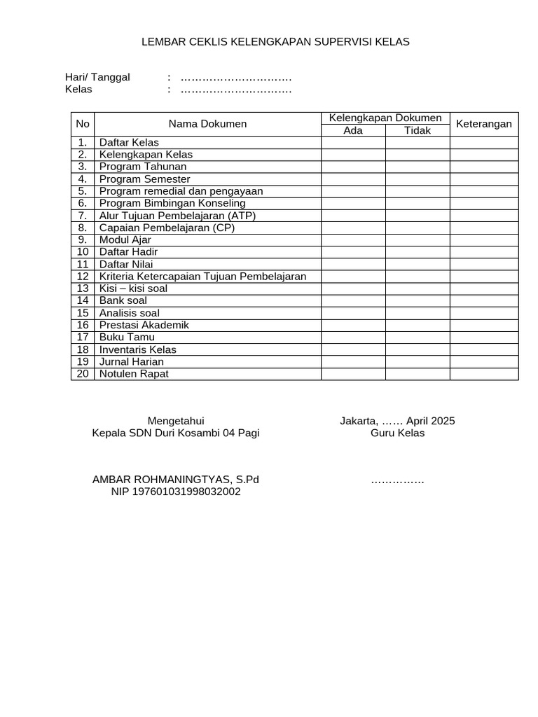 Lembar Ceklis Supervisi | PDF