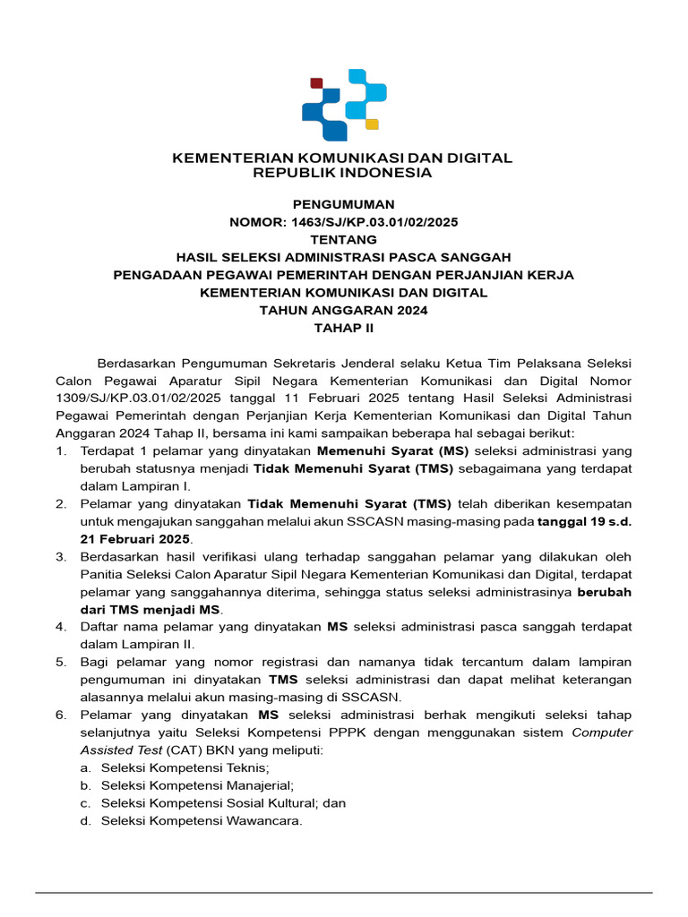 1463 - Pengumuman Seleksi Administrasi Pasca Sanggah PPPK Kementerian Komdigi T.A. 2024 Tahap II ...