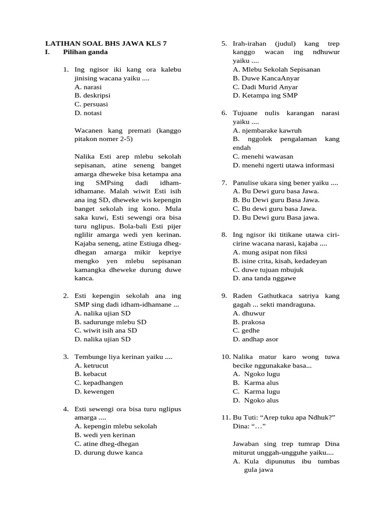 Latihan Soal BHS Jawa KLS 7 | PDF