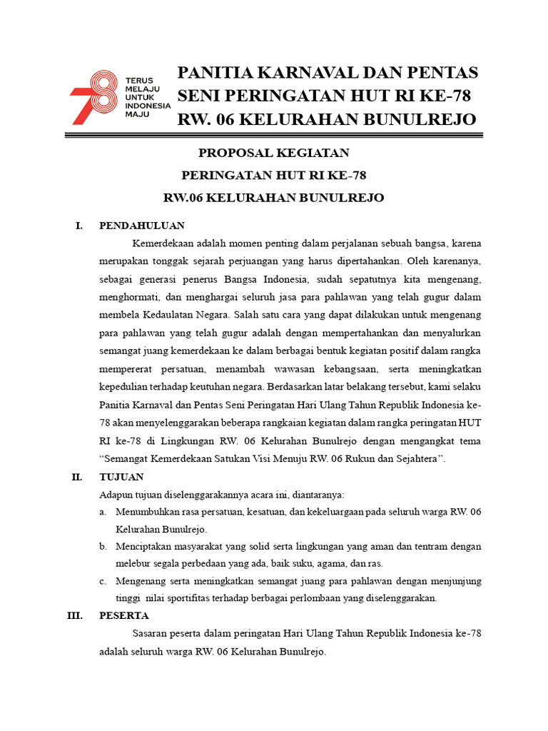 Proposal Karnaval Dan Pentas Seni Dalam Rangka Hut Ri Ke-78-1 | PDF