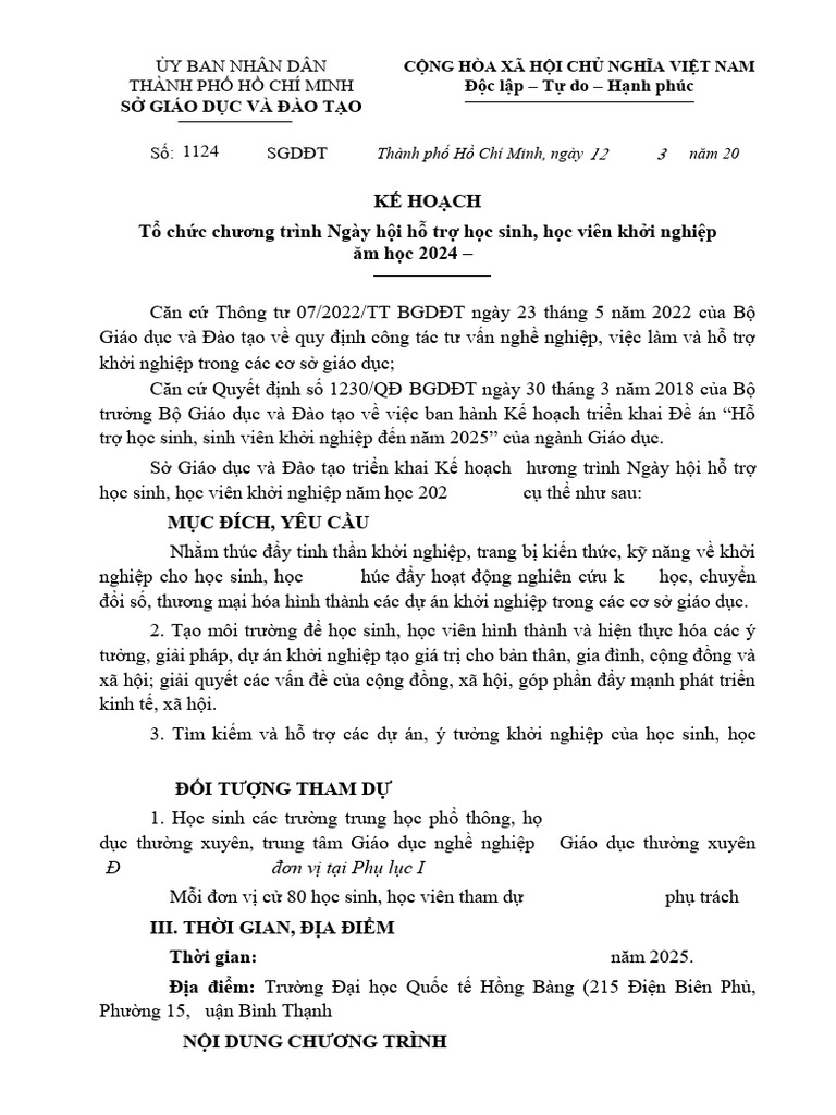 1124 - KH Ngay Hoi Ho Tro HS Khoi Nghiep | PDF