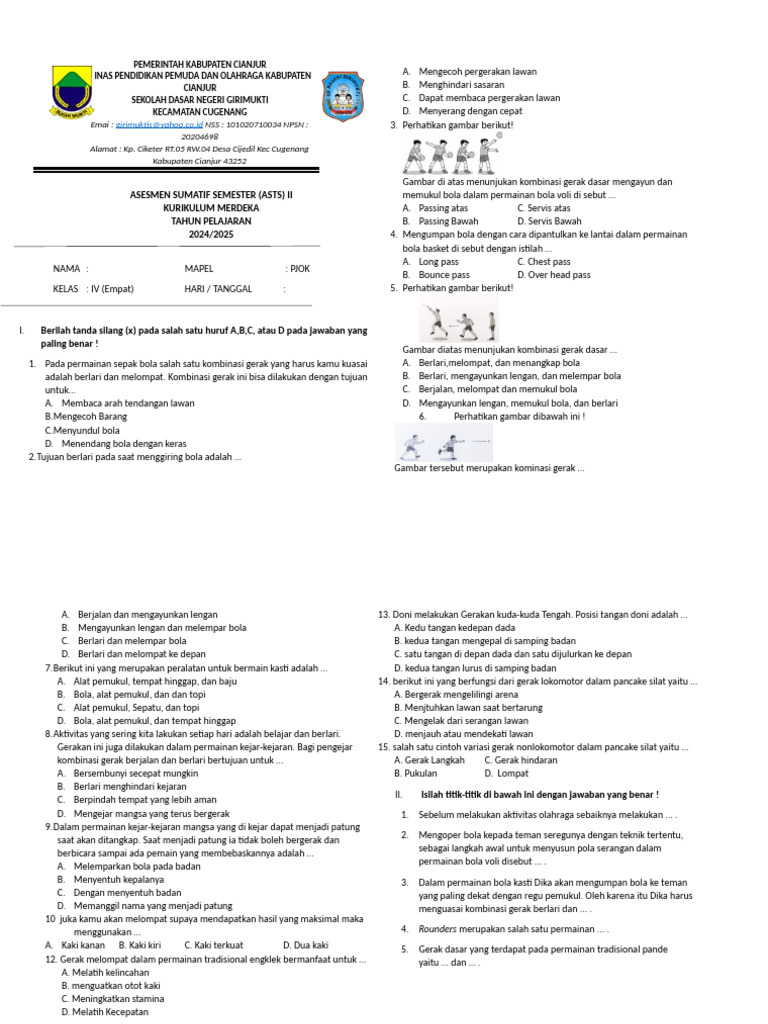 Soal ASTS PJOK Kelas IV 2024/2025 | PDF