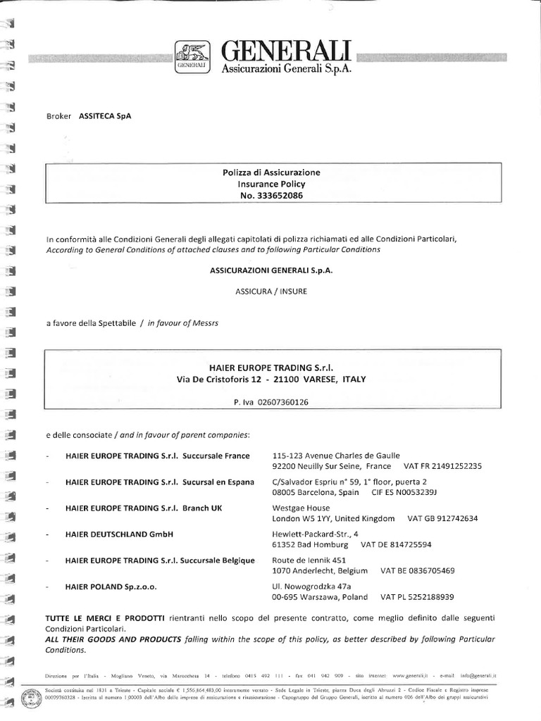 Generali Contract - Marine Insurance - (Italian & English) | PDF