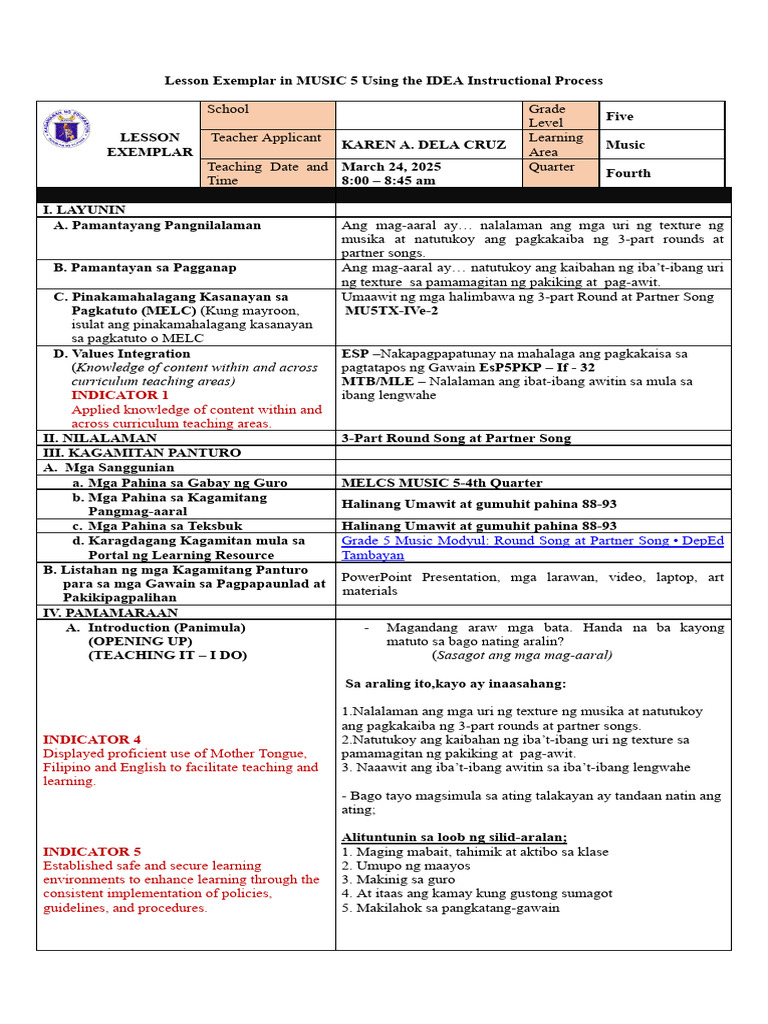 Lesson Plan in Music Grade 5 Final | PDF