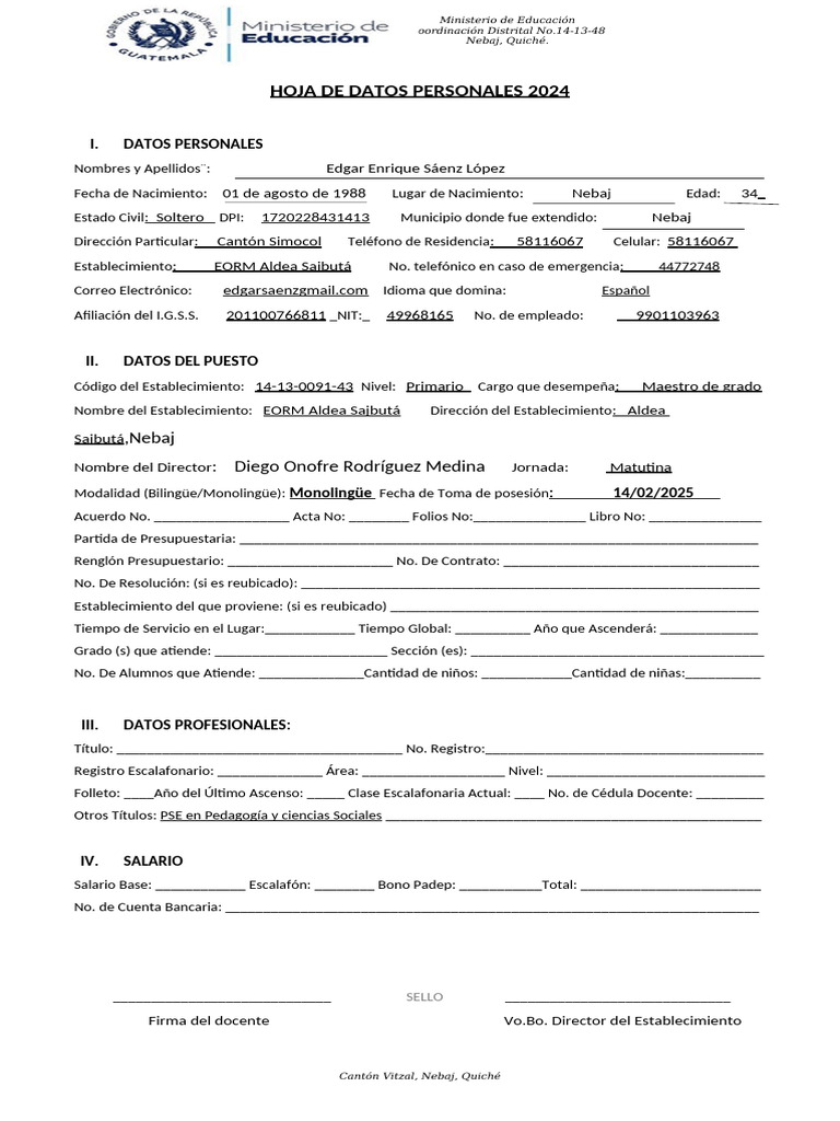 Hoja de Datos Personales 2024 | PDF | Aprendizaje
