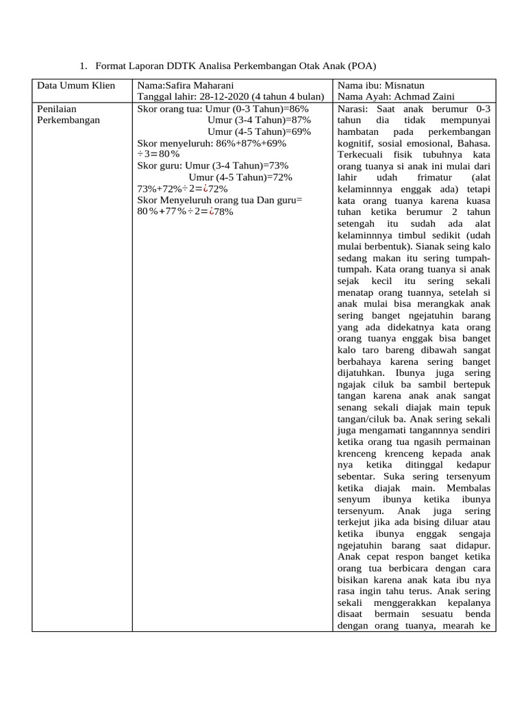 Format Laporan DDTK Analisa Perkembangan Otak Anak (Ruliani 2410126120006) | PDF