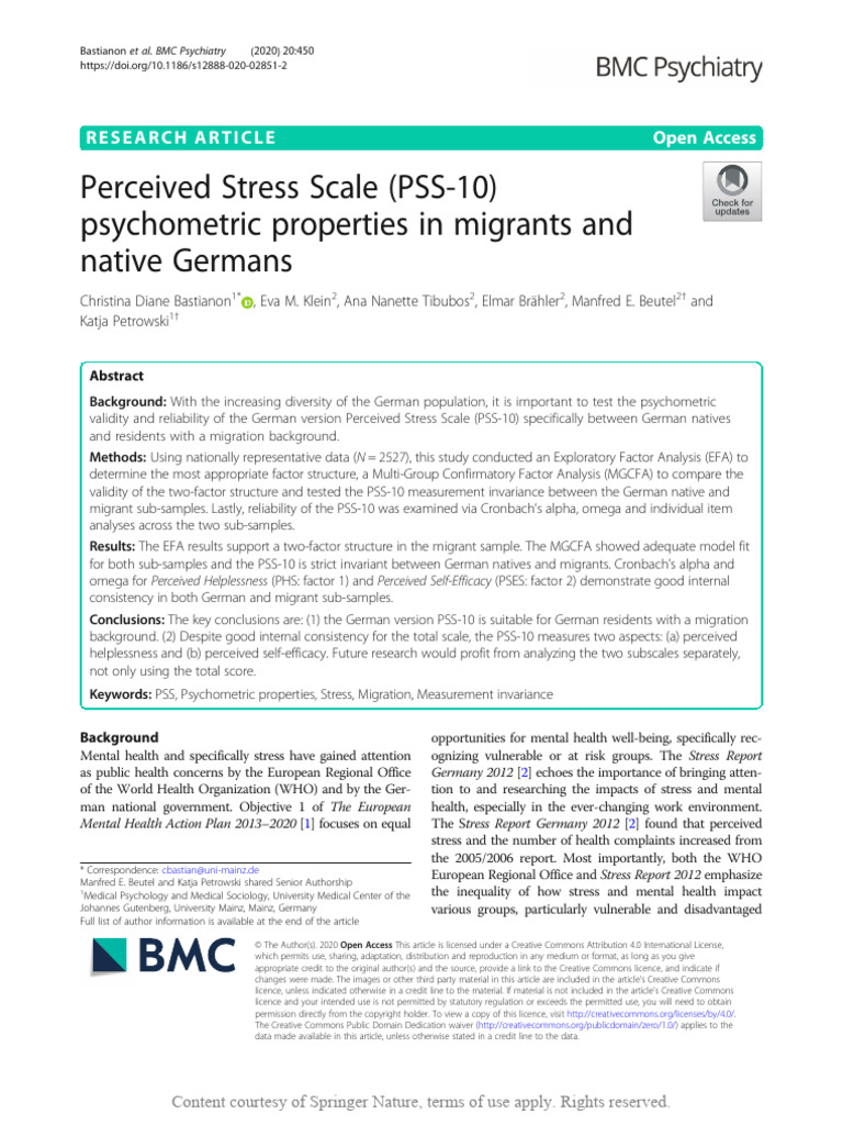 Perceived Stress Scale (PSS-10) Psychometric Propert | PDF | Standard Deviation