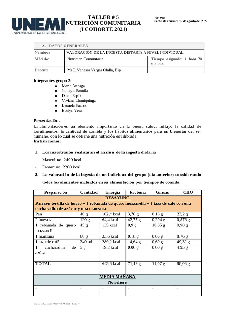 Taller 5. Valoraciòn de Ingesta A Nivel Individual | PDF | Alimentos