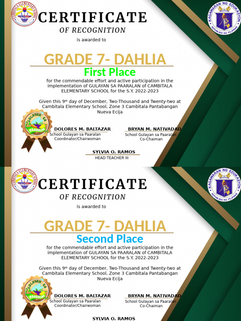 Certificate Gulayan Sa Paaralan 1ST To Consolation | PDF