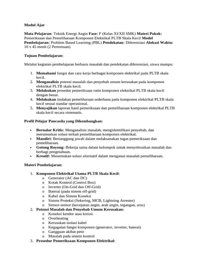 Modul Ajar PEMERIKSAAN DAN PEMELIHARAAN KOMPONEN ELEKTRIKAL PLTB SKALA ...